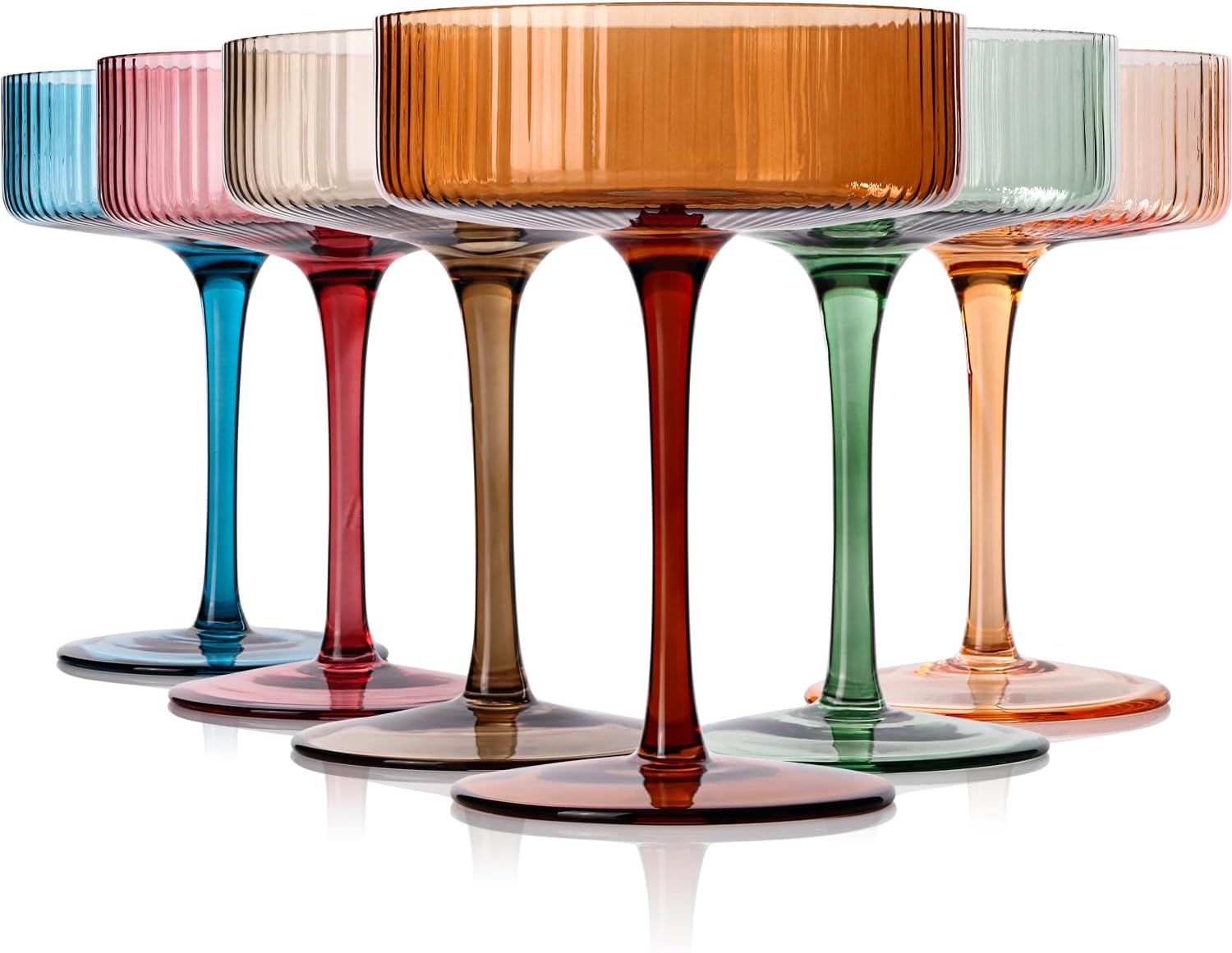 Colored Vintage Art Deco Coupe Glasses Set of 6 |Ribbed 9 oz Valentine ...