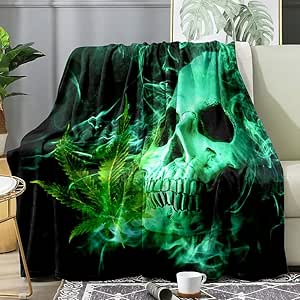 Amazon.com: LUVIVIHOME Green Skull Throw, Skeleton Cannabis Marijuana Leaf Weed Blanket, Black ...