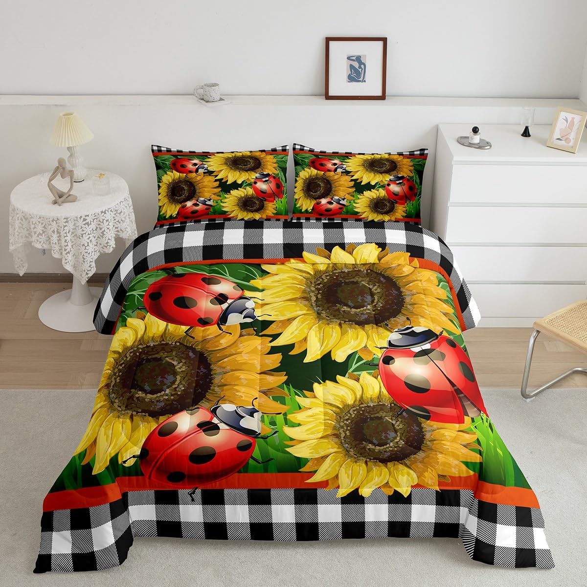 Amazon.com: Homewish Yellow Sunflowers Comforter Set,Red Ladybug ...