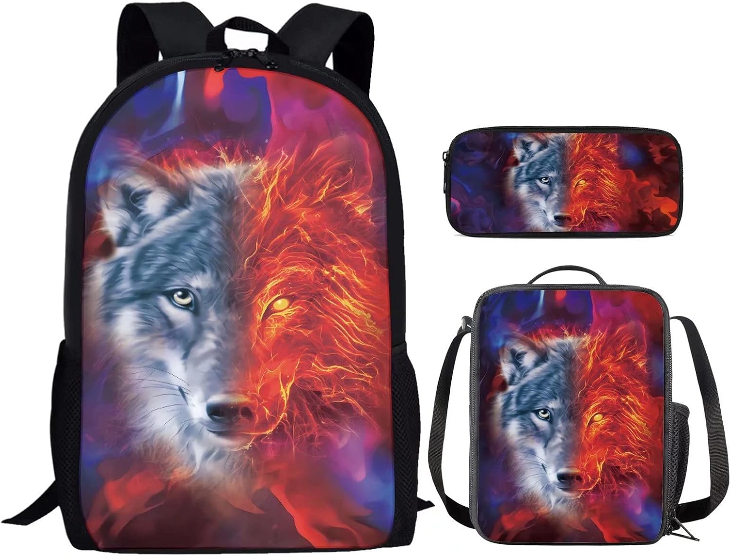 Amazon.com | HELLHERO Wolf Backpack Galaxy School Bag Set 3 In 1 ...