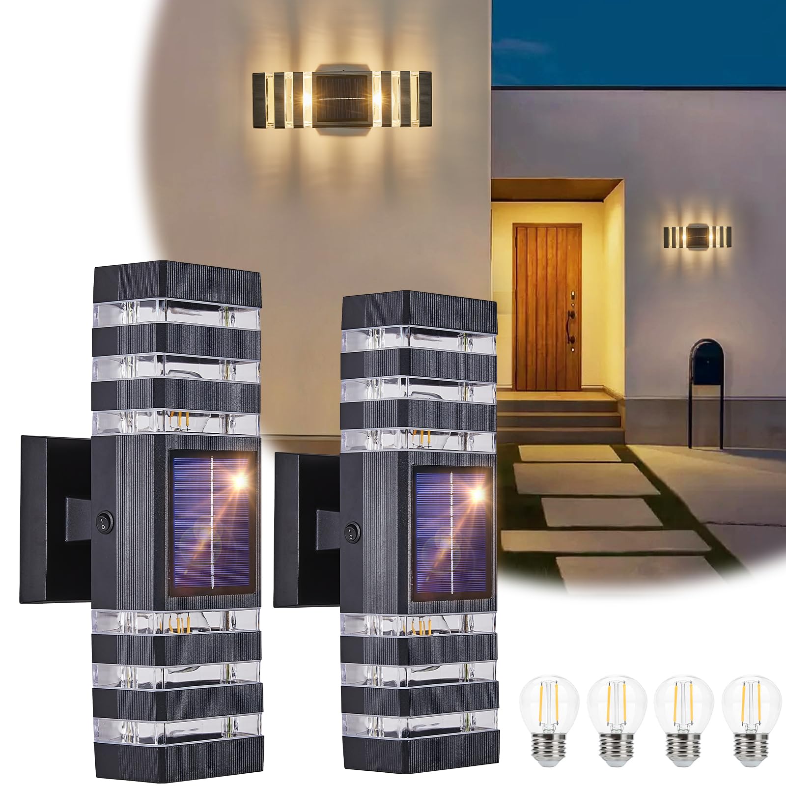 2 Pack Solar Outdoor Wall Light with 4 Free 4w Bulbs 3000K Dusk to Dawn ...