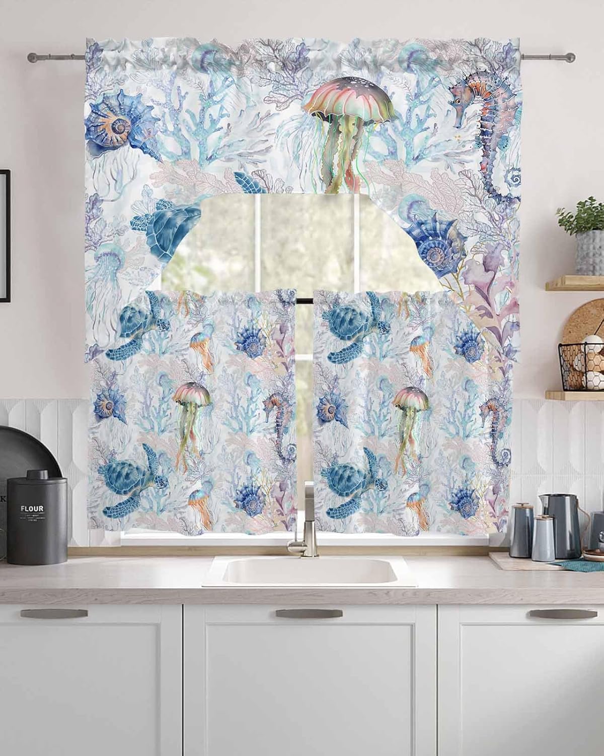 Amazon.com: Blue Coastal Turtle 3pcs Kitchen Tier and Swag Window ...