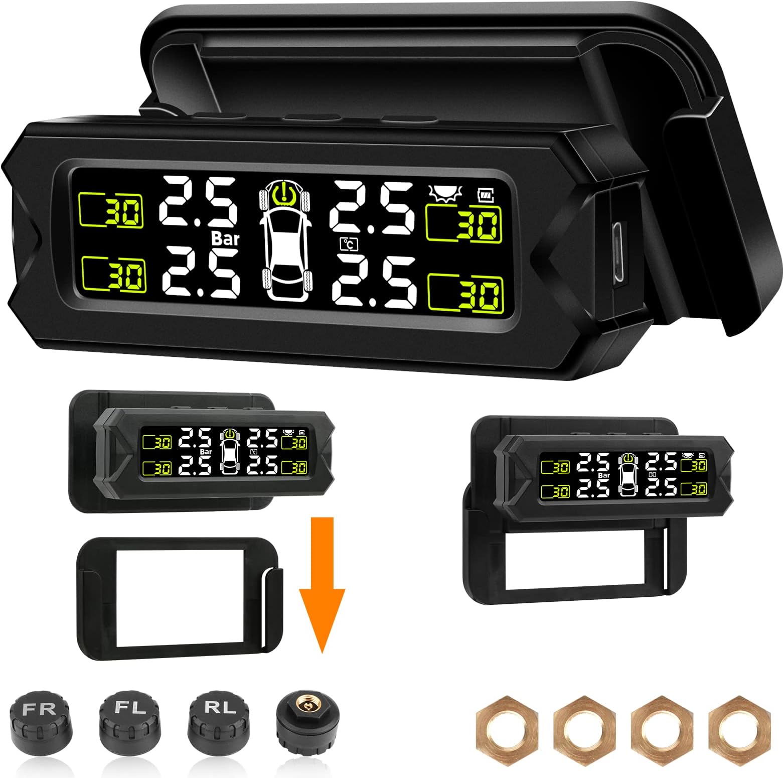 Tyre Pressure Monitoring System TPMS【Detachable Bracket】Wireless Solar ...