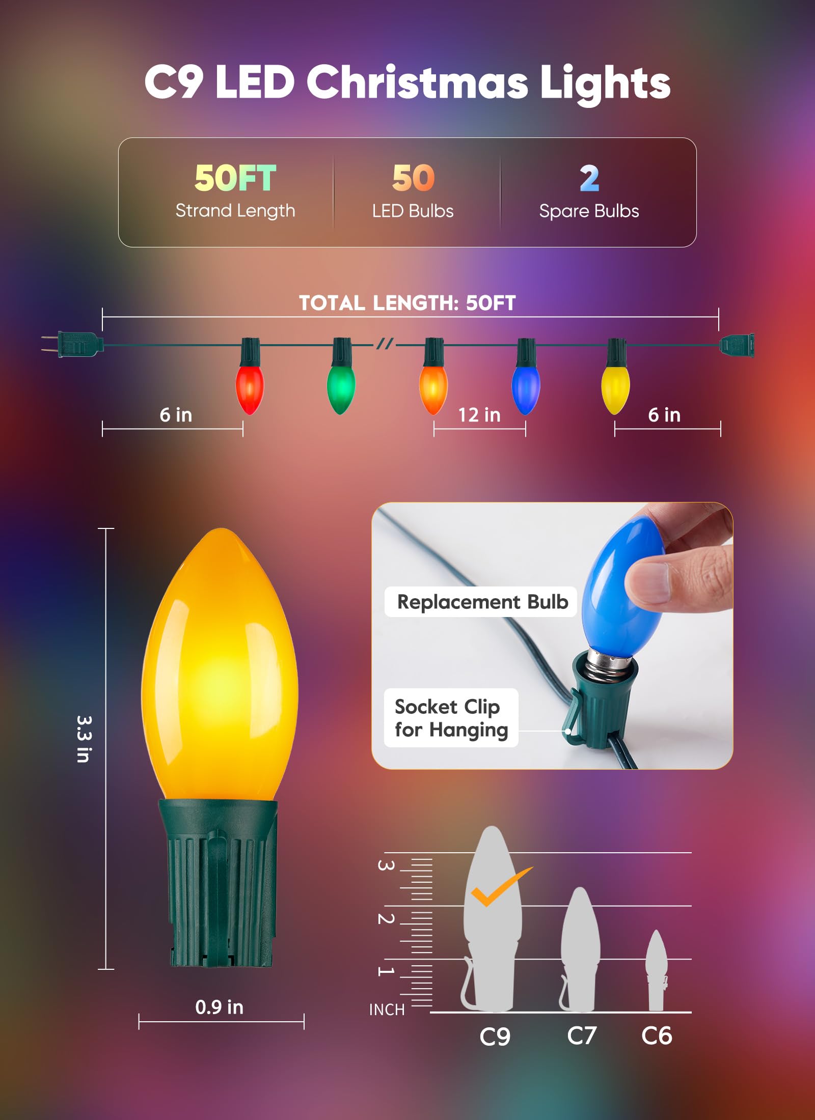Snapklik.com : Vintage C9 LED Christmas Lights Outdoor Multicolor, 50 ...