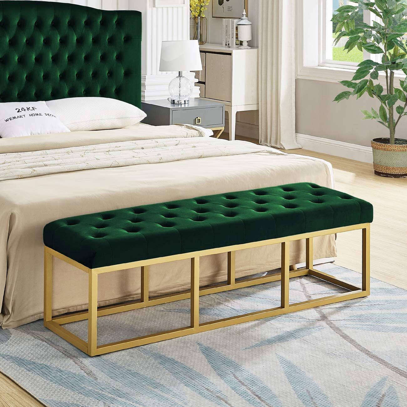 Amazon.com: 24KF Upholstered Tufted Long Bench with Golden Metal Leg ...