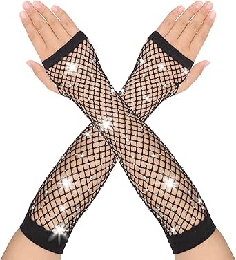 Amazon.com: PEUTIER Long Fishnet Fingerless Gloves, Rhinestone Fishnet ...