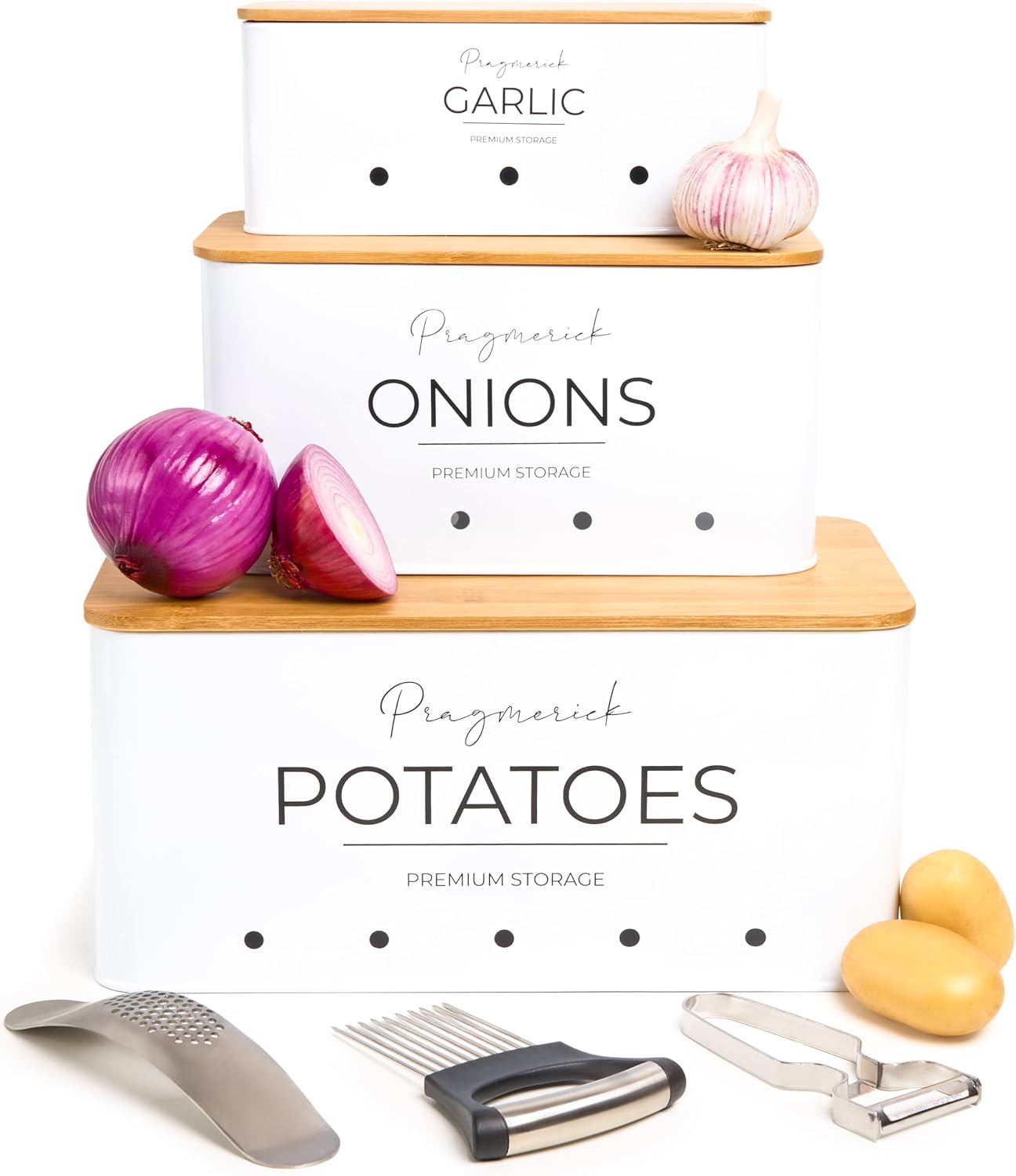 Amazon.com: Potato and Onion Storage Bin with Garlic Canister + 3 ...