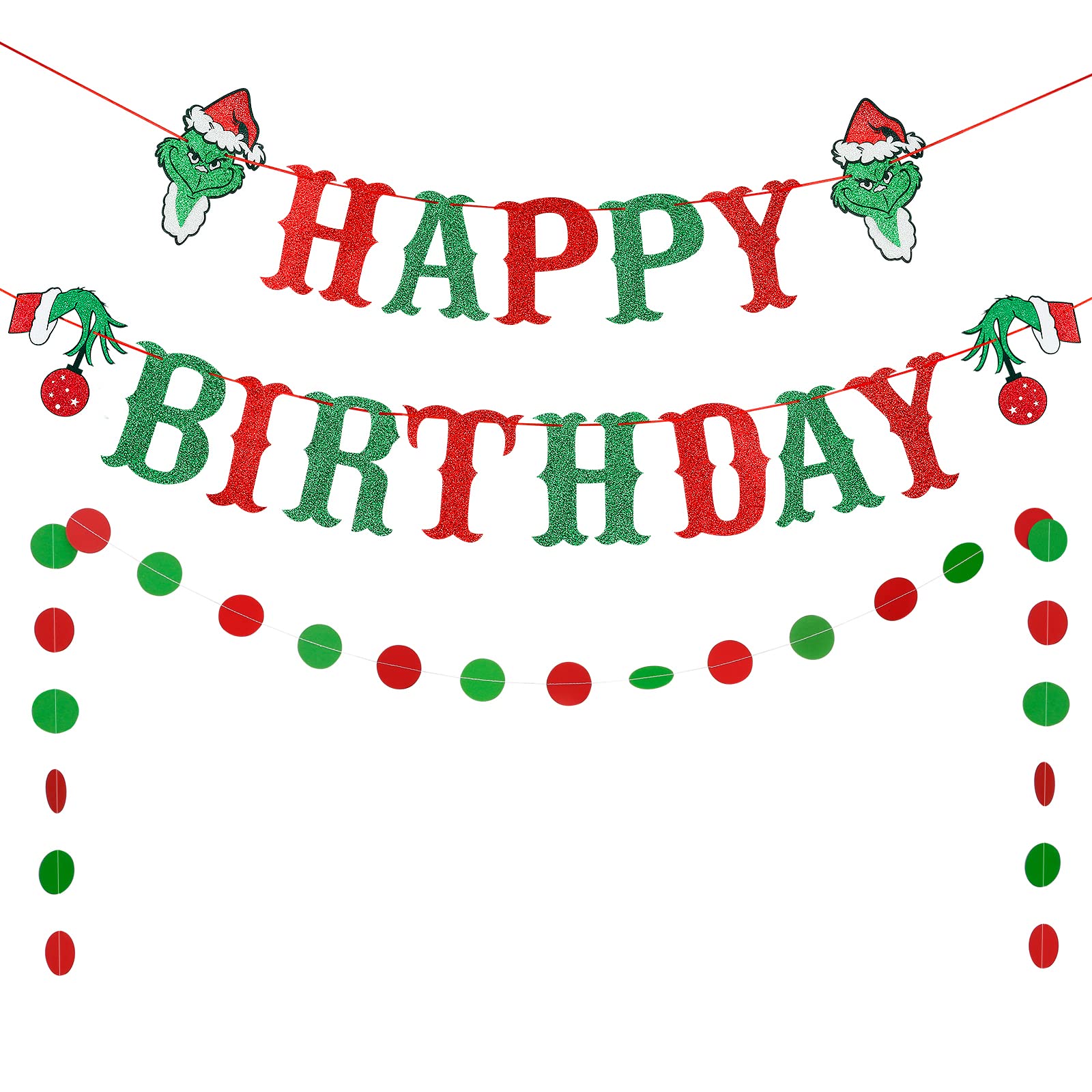 Buy Glitter Grinch Happy Birthday Banner and Red & Green Circle Dots ...