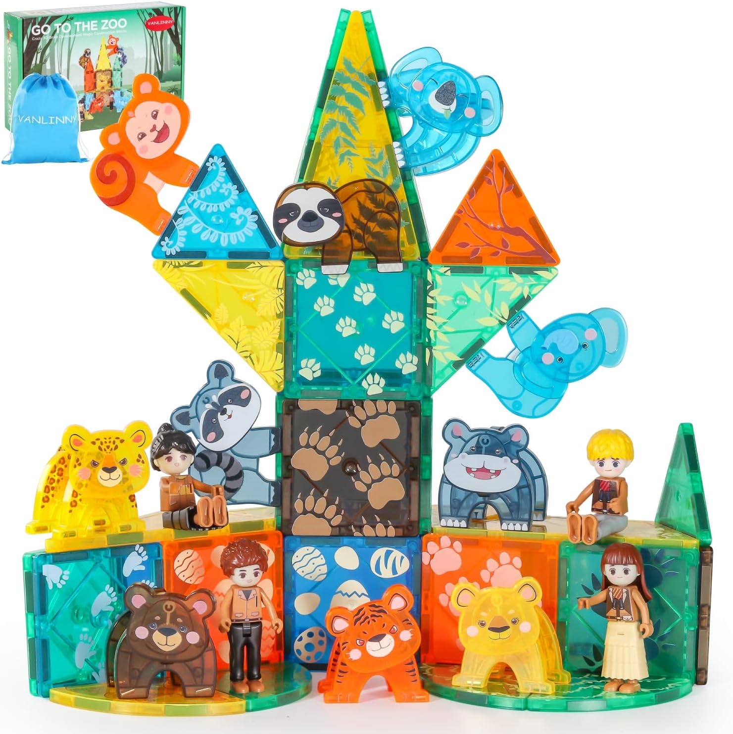 VANLINNY Magnetic Tiles for Kids 3-8, Jungle Animals Magnet Building ...