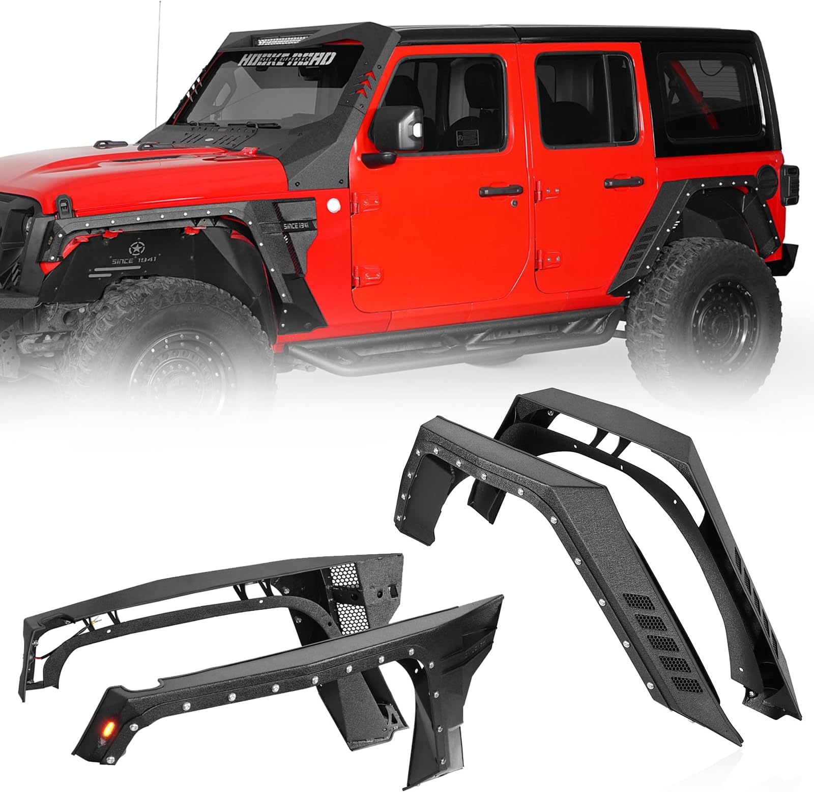 Amazon.com: Hooke Road JL Fender Flares Armor Style Front and Rear Kit ...