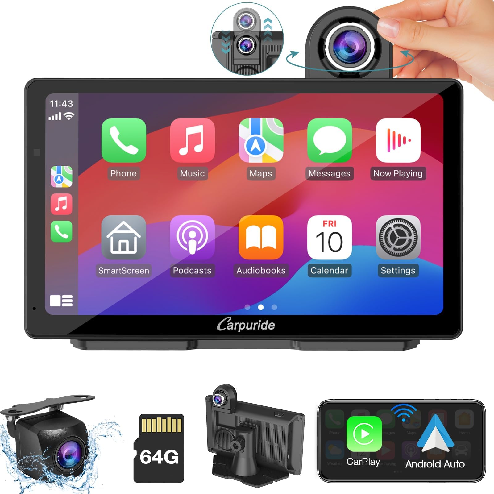 Carpuride W703 Portatile Wireless Carplay e Android Auto con Dash Cam ...