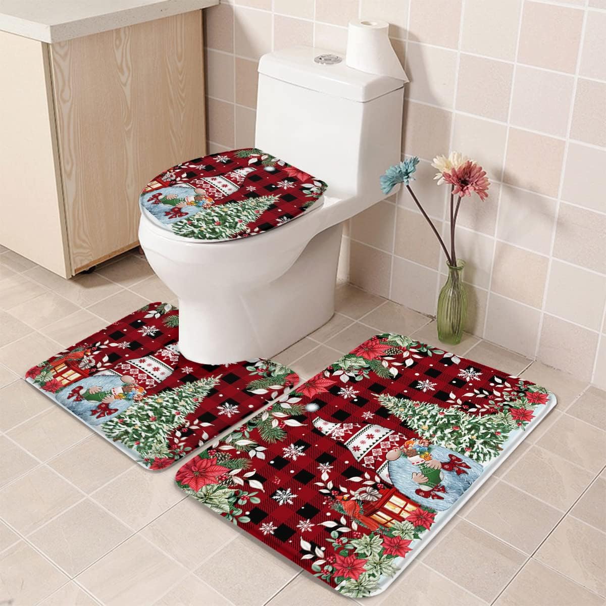 Amazon.com: Christmas Bath Rugs for Bathroom Set 3 Piece Xmas Gnomes ...
