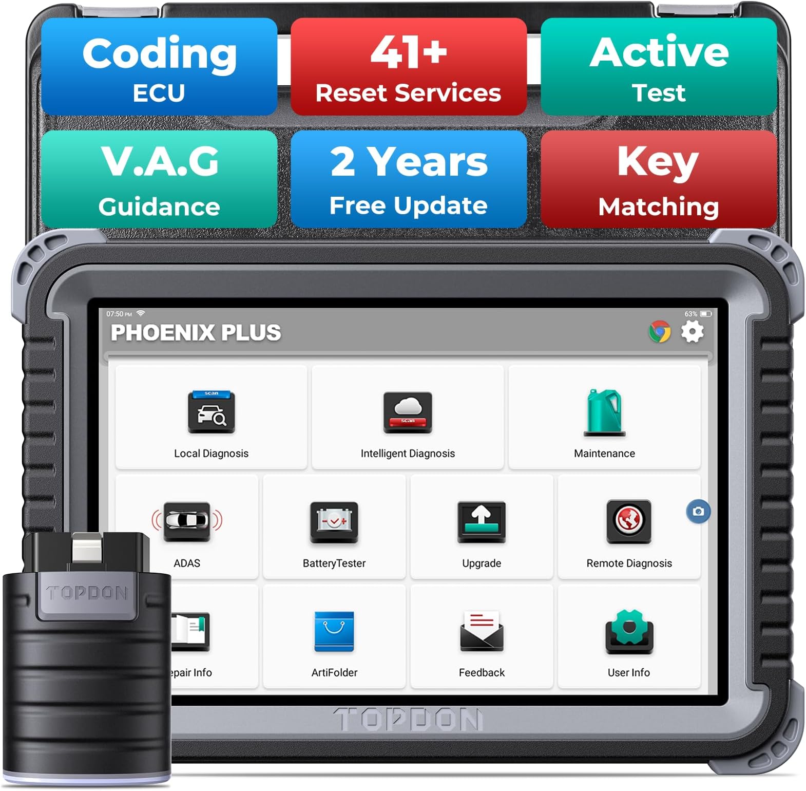 TOPDON Car Diagnostic Tool Phoenix Plus Advanced ECU Coding, OE-level ...