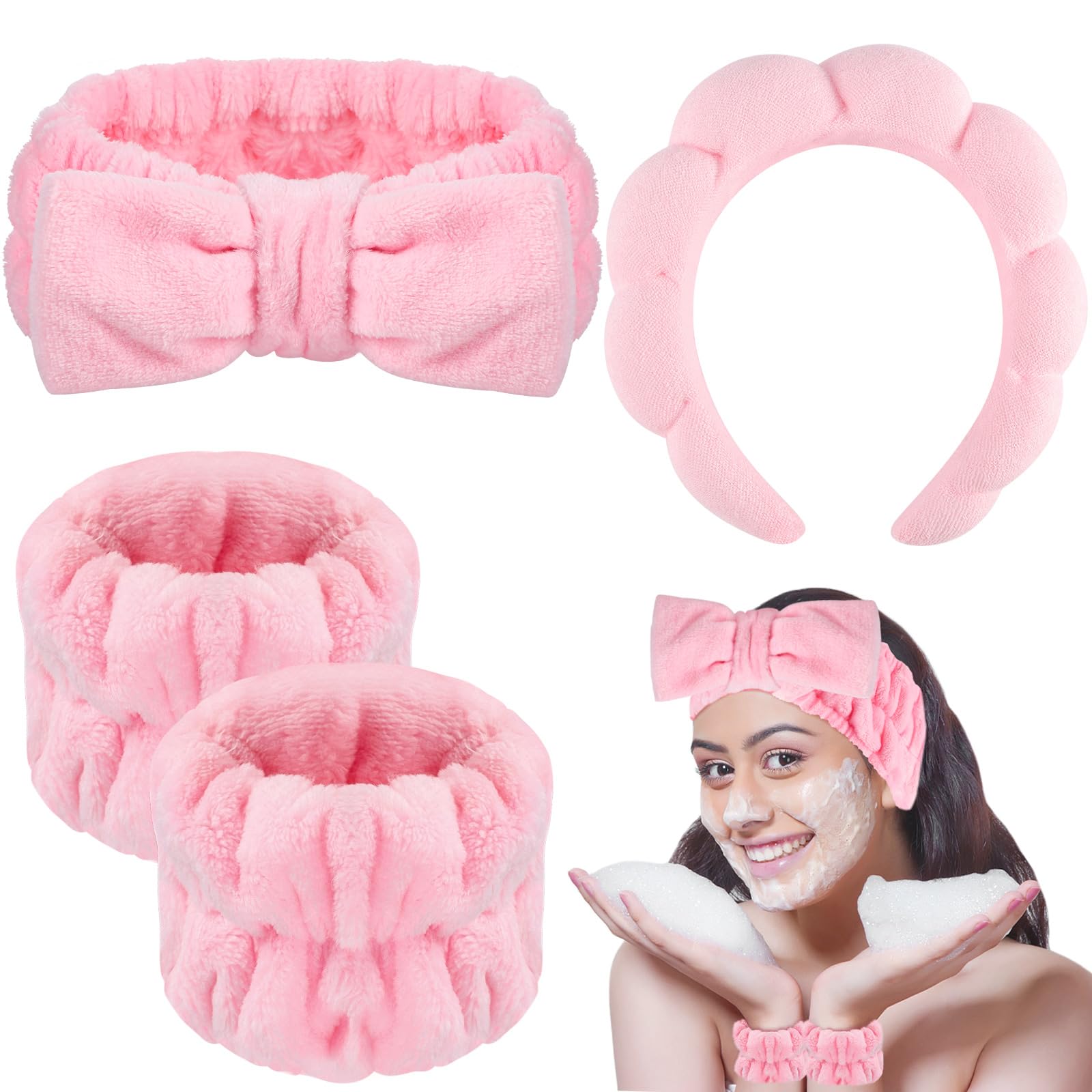 Amazon.com : WSICSE Spa Headband for Face Washing, Pink Skincare Headbands and Wrist Washband ...