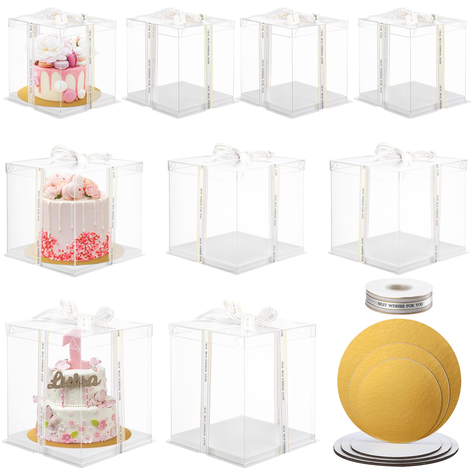 Maitys 12 Sets Clear Cake Boxes with Ribbon Cake Boards, 10 Inch 8 Inch ...