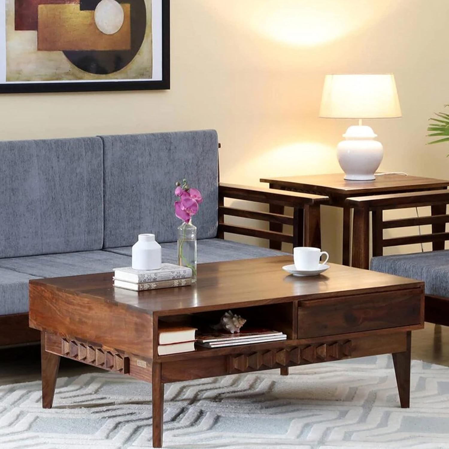 Furinno Sheesham Wood Rectangle Center Coffee Table with 2 Shelf and 2 ...