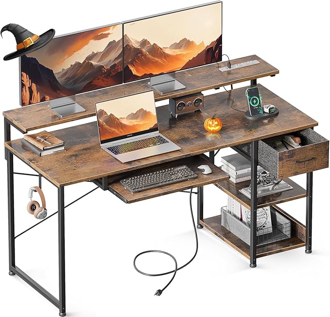 Amazon.com: AODK Computer Work Desk, 55 Inch Office Desk with Power ...