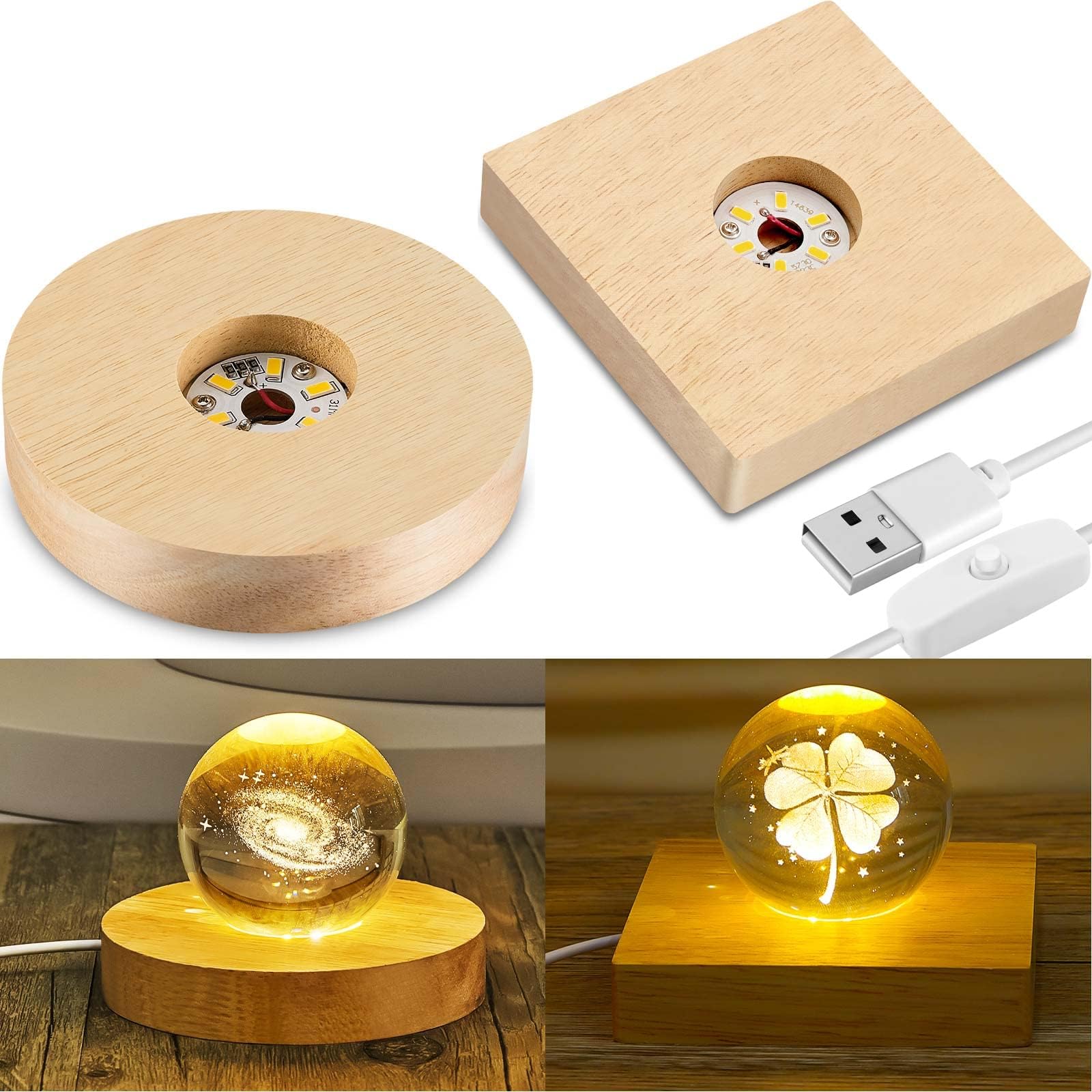 Amazon.com: VOSAREA Crystal Ball Wooden Base Tree Stump LED Light Desk ...