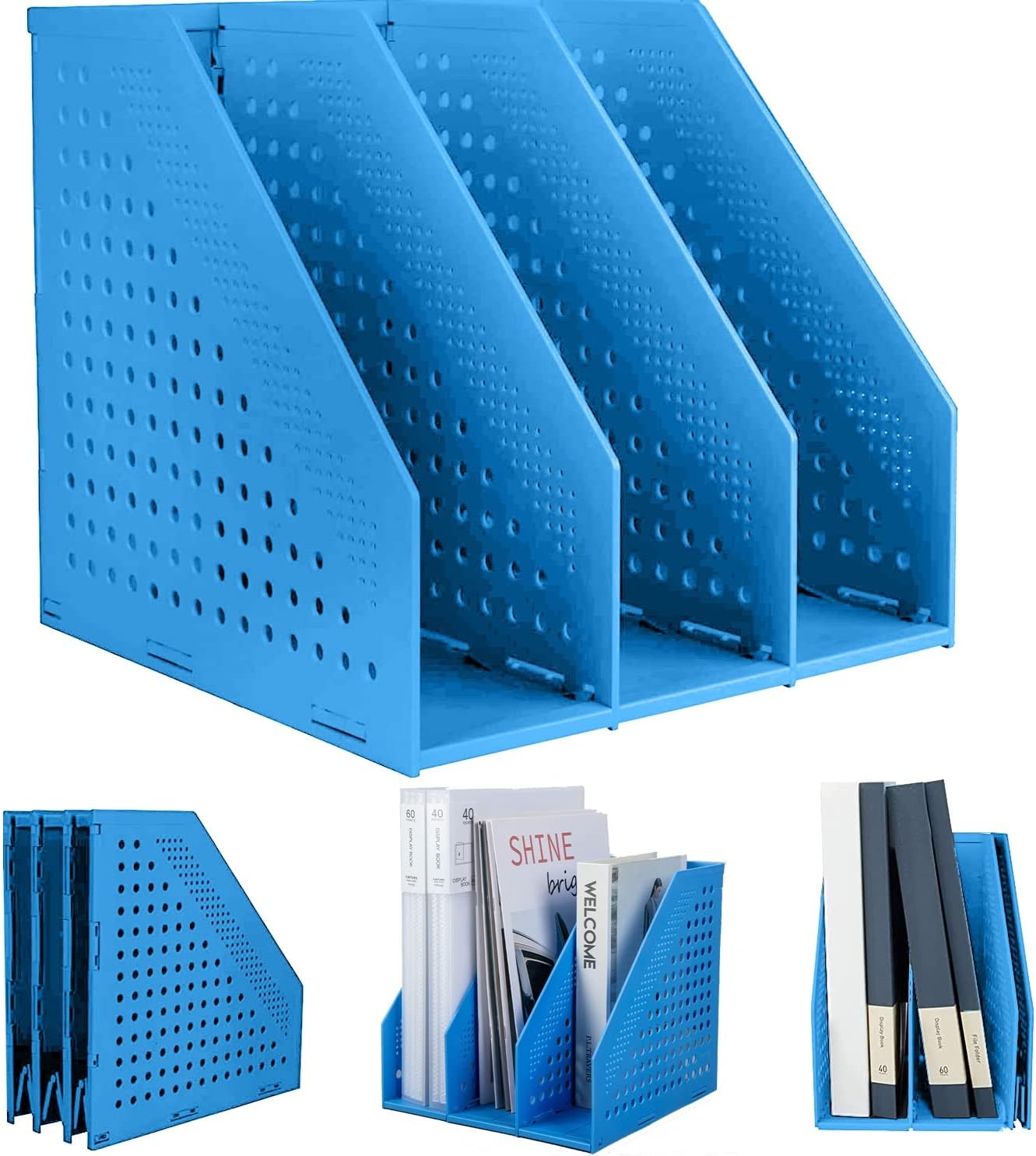 Amazon.co.jp: Panavage ファイルボックス 本立て 文具収納 事務用品 卓上棚 オフィス 卓上書類収納 折りたたみ式 3段 青 : 文房具・オフィス用品