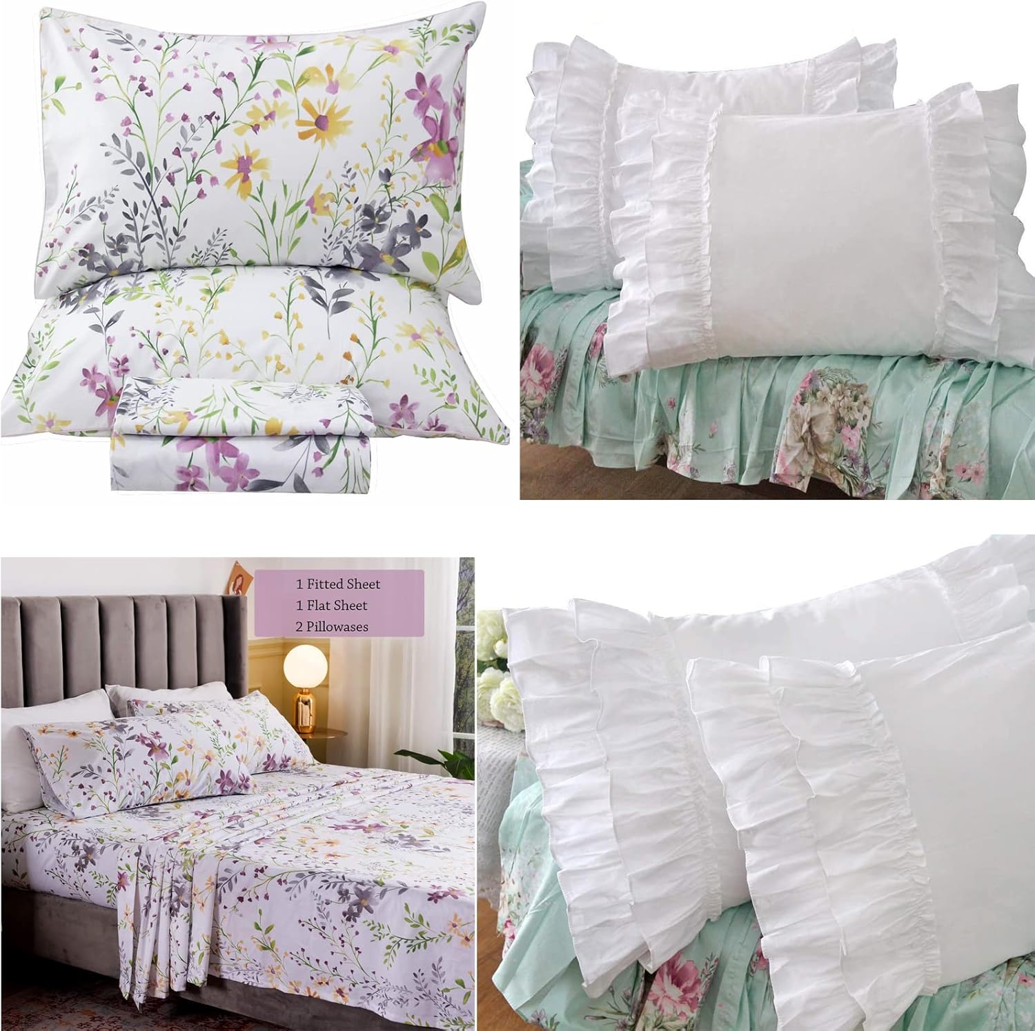 Amazon.com: Queen's House Floral Bed Sheet Set and White Ruffle Pillow ...