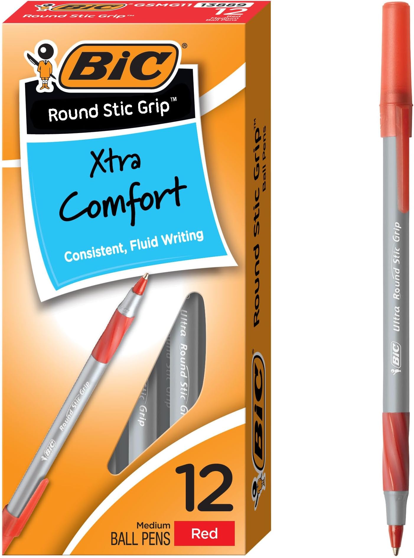 BIC Round Stic Grip Extra Comfort Red Ballpoint Pens, Medium Point (1 ...