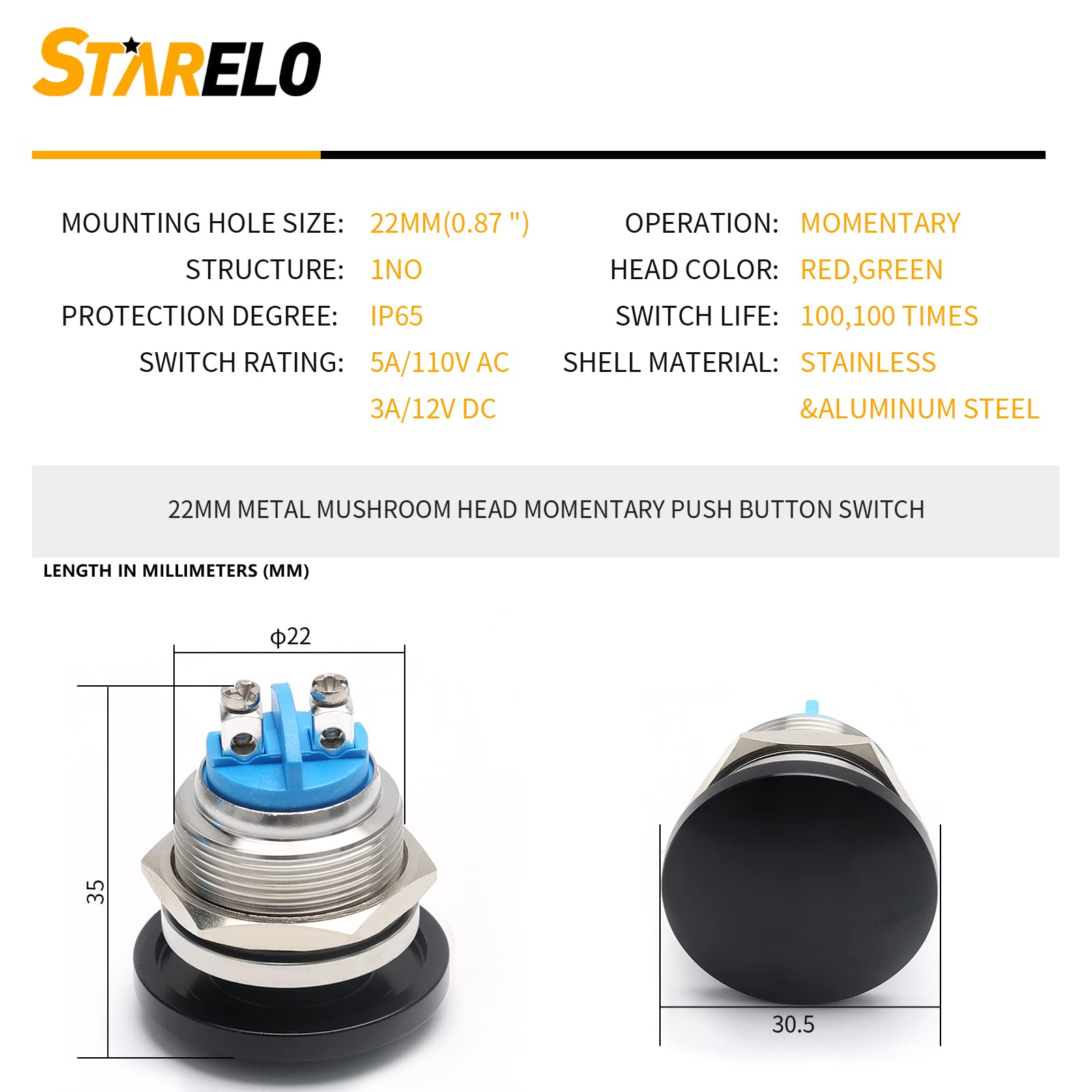 Snapklik.com : 22mm Momentary Push Button Switch Mushroom Head ...