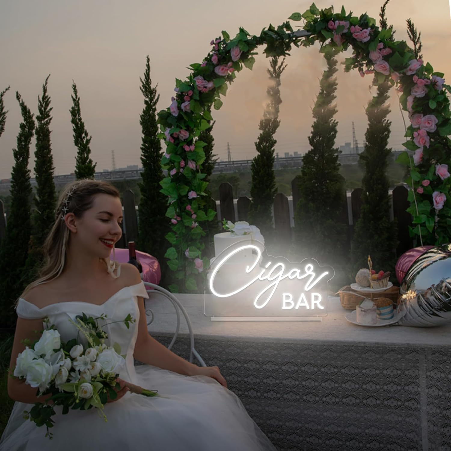 Cigar Bar Neon Sign Tabletop, White Wedding LED Neon Light with Stand ...