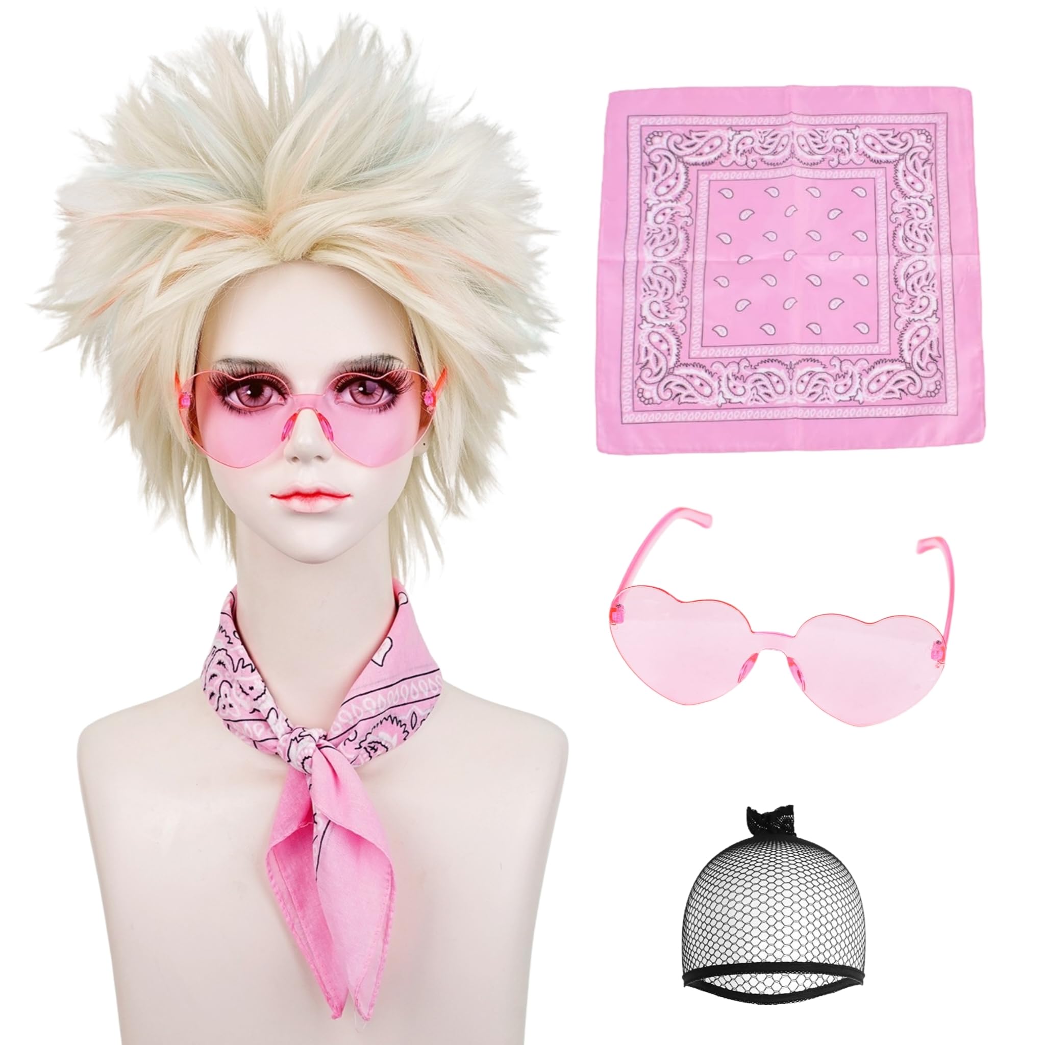 Amazon.com: Short Blonde Pink Blue Wig Weird Costume Wig with Pink ...