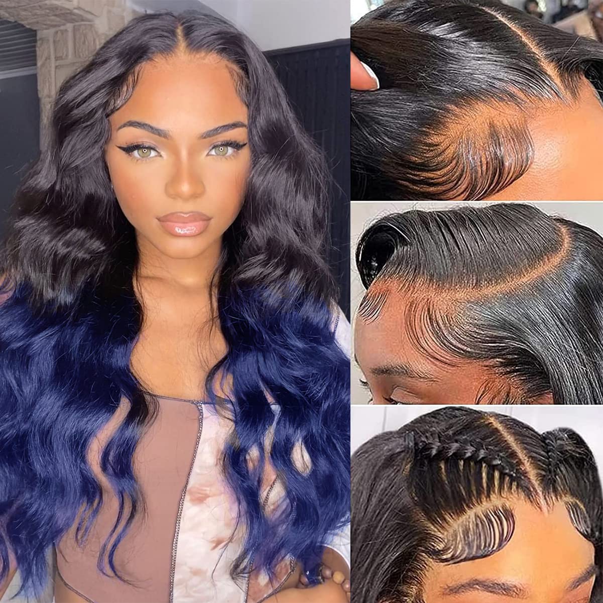 Amazon.com : Ombre 13X4 Lace Front Wigs Human Hair #1B/Blue Colored ...