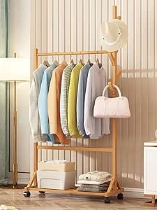 Amazon.co.jp: Solid Wood Clothes Hanger Wardrobe Display Rack with Wheels, B-70cm : Home & Kitchen