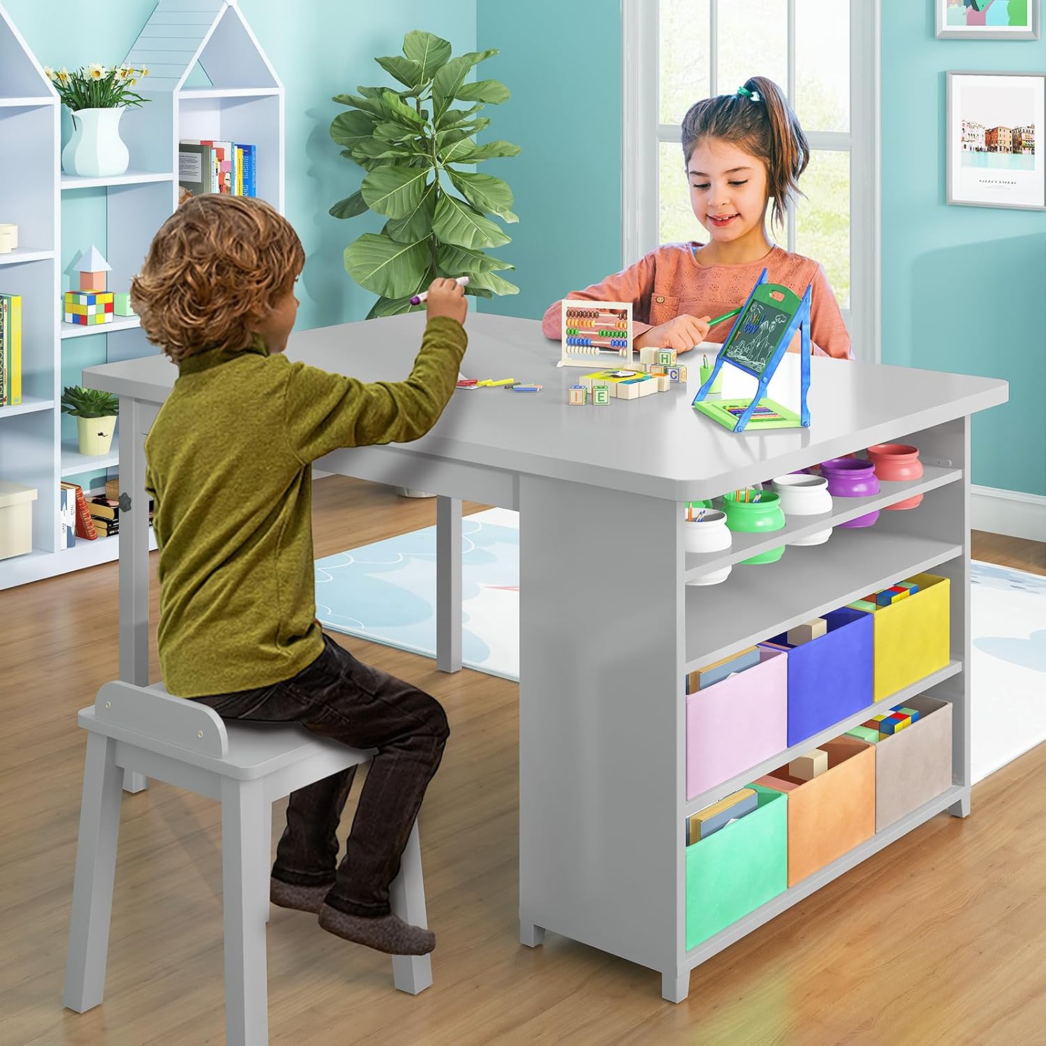 Amazon.com: ijuicy Kids Art Table & Chair Set, Wooden Drawing Painting ...