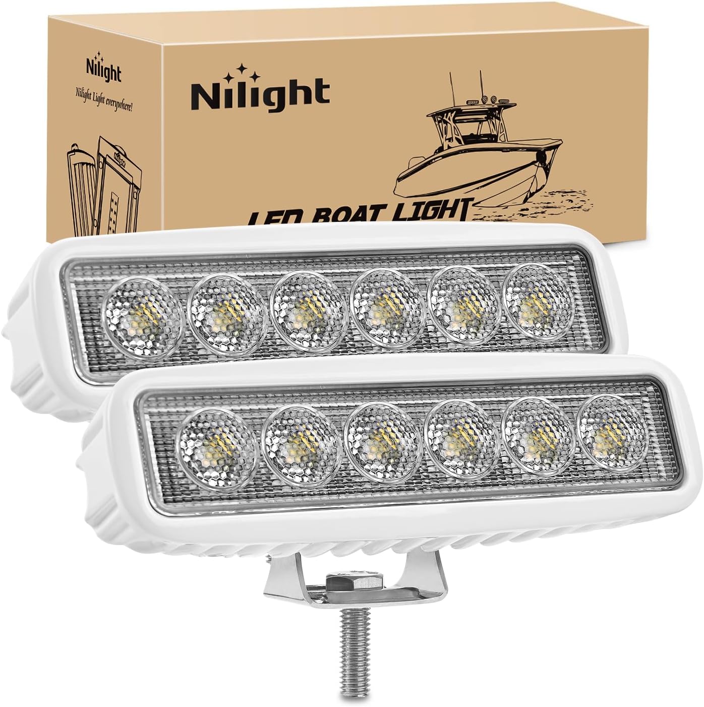 Nilight Marine Led Light Bar 2PCS 18w White 150° Flood Beams Ponton ...