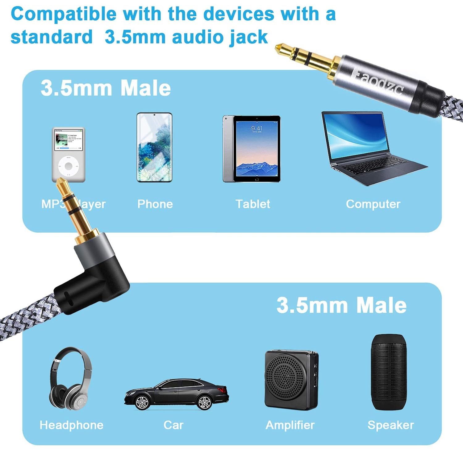 Right Angle 3.5mm Aux Audio Cable,Faodzc 90°Angled 3.5mm Male to Male ...