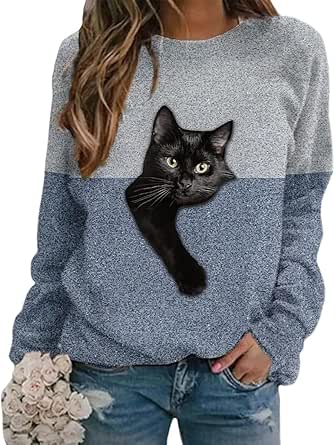 Amazon.com: Bengbobar Women's Cat Print Sweatshirt Pullover Long Sleeve ...