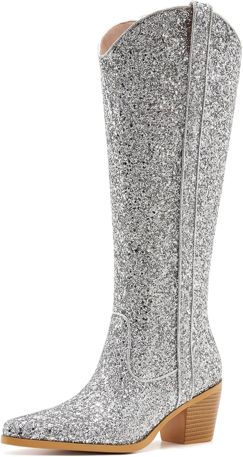 Amazon.com | Aizhenzm Glitter Cowboy Boots Silver Boots For Women ...