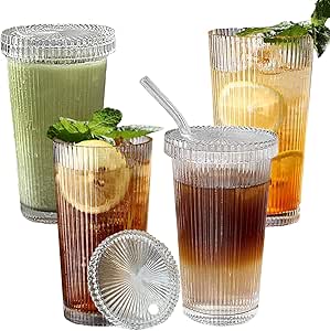 Amazon.com: Xeiwagoo Glass Cups with Lids and Straws, 12 OZ Iced Coffee ...