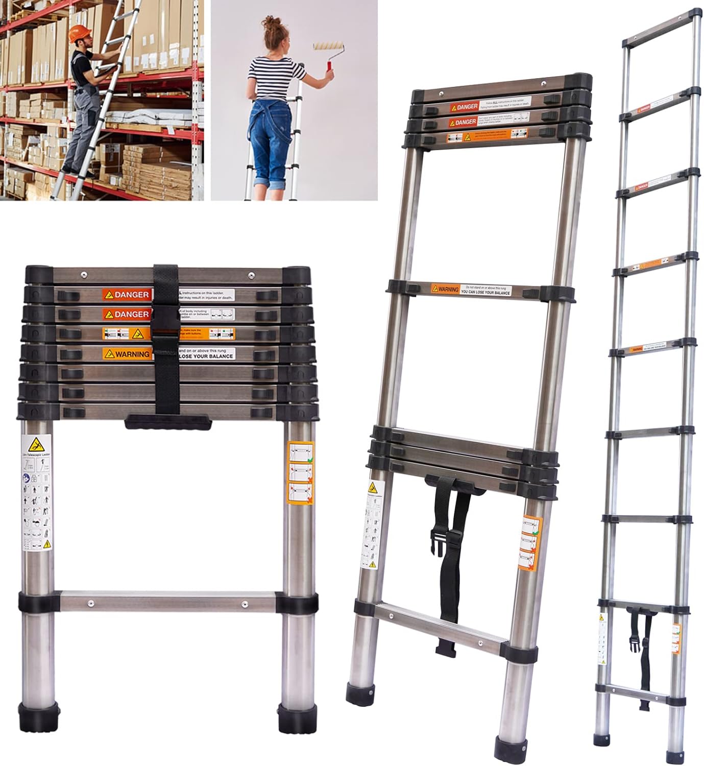 2.6M Telescopic Loft Ladder Extension Attic Ladder Heavy Duty Stainless ...