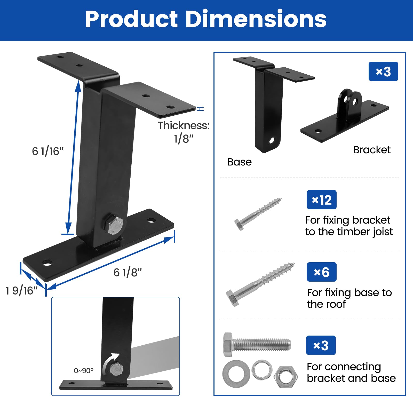 Snapklik.com : 3Pack Pergola Roof Riser Bracket Kit Adjustable Angle ...