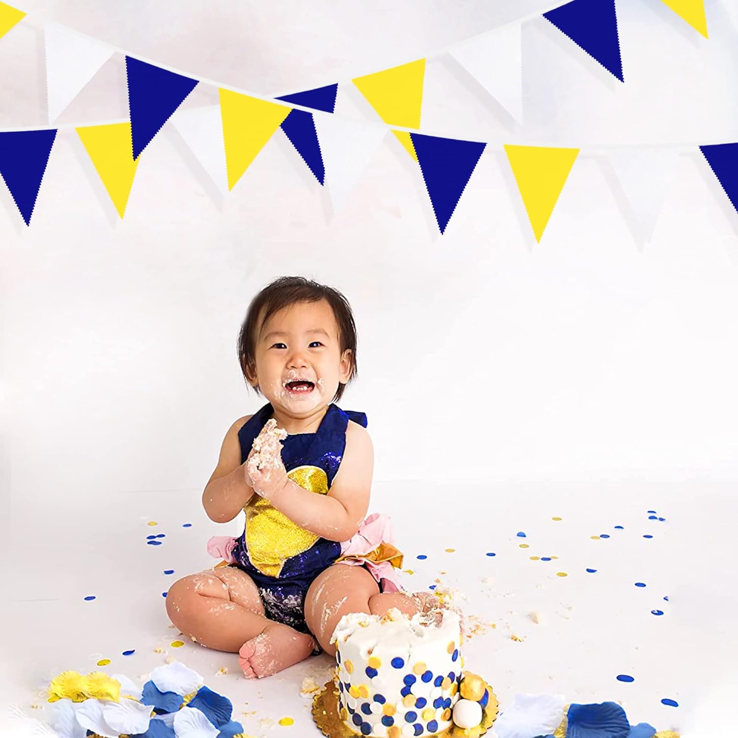 32Ft Blue Yellow White Fabric Bunting Banner Triangle Flag Party ...
