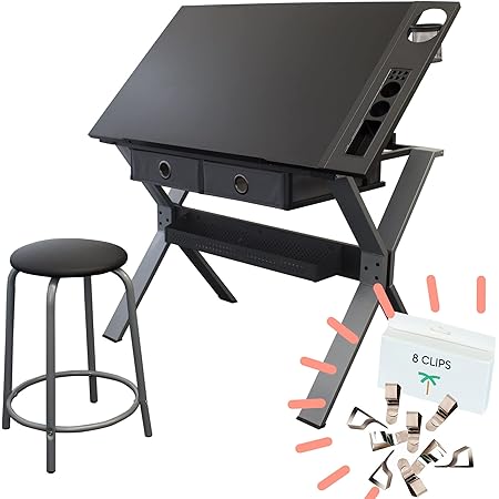 STATIONERY ISLAND Drafting Table with 8 Drawing Board Clips, Height Adjustable, Tiltable Glass ...