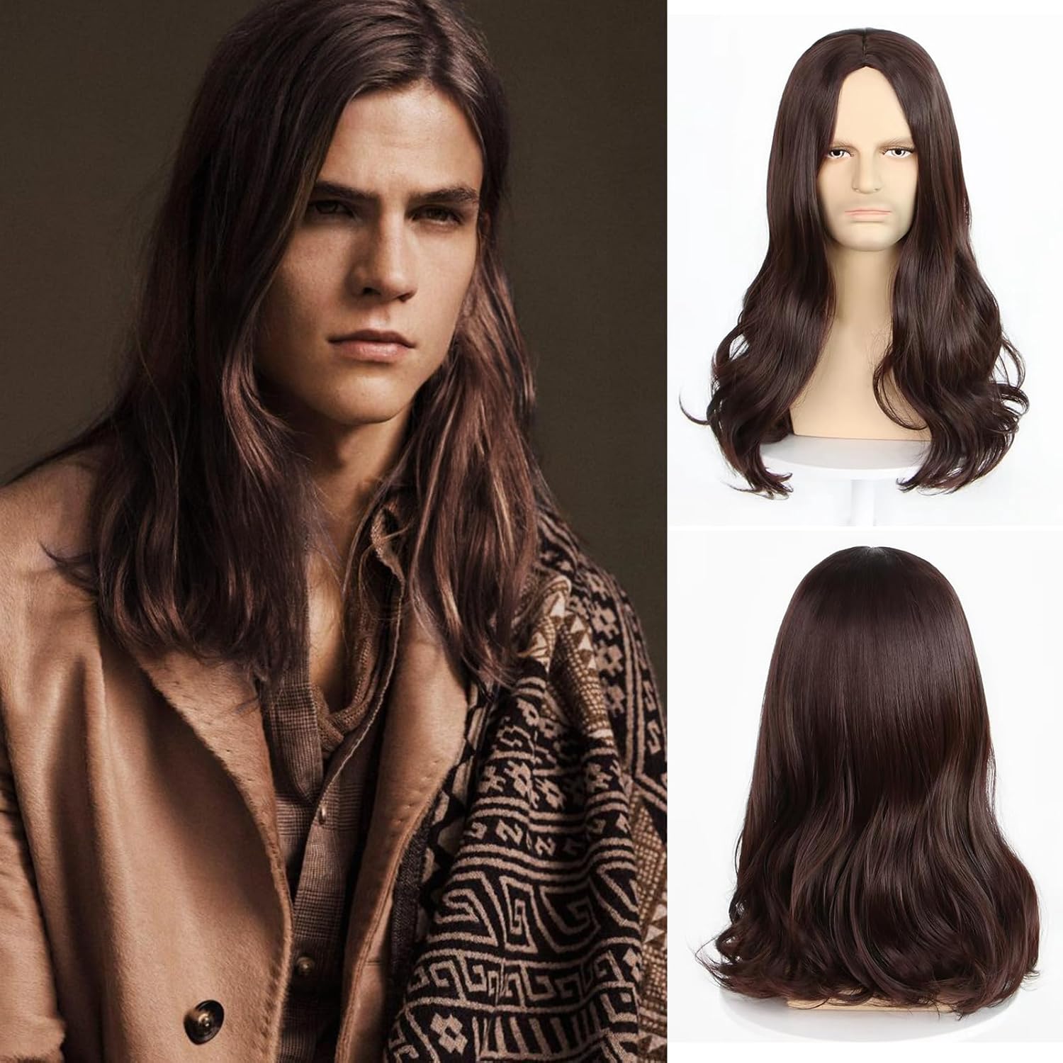 Amazon.com: IEBIYO Mens Long Brown Wig Middle Part Wavy Brown Wig for ...