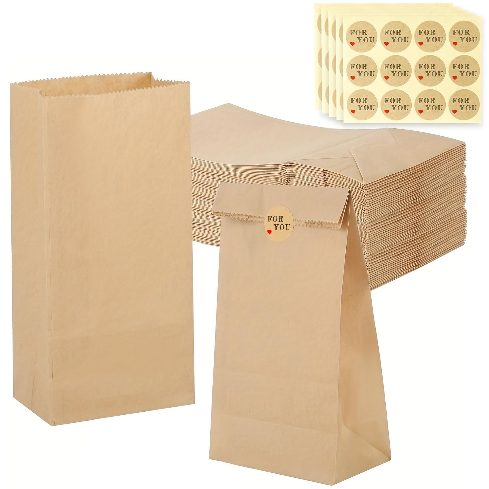 50 PCS Brown Paper Bags with Stickers Kraft Candy Paper Bags Oil-proof ...