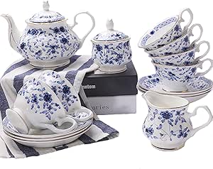Amazon.com | LE POTOCIO Bone China Tea Set, 21-Pieces Porcelain Tea Set for Adults, Cups Saucer ...