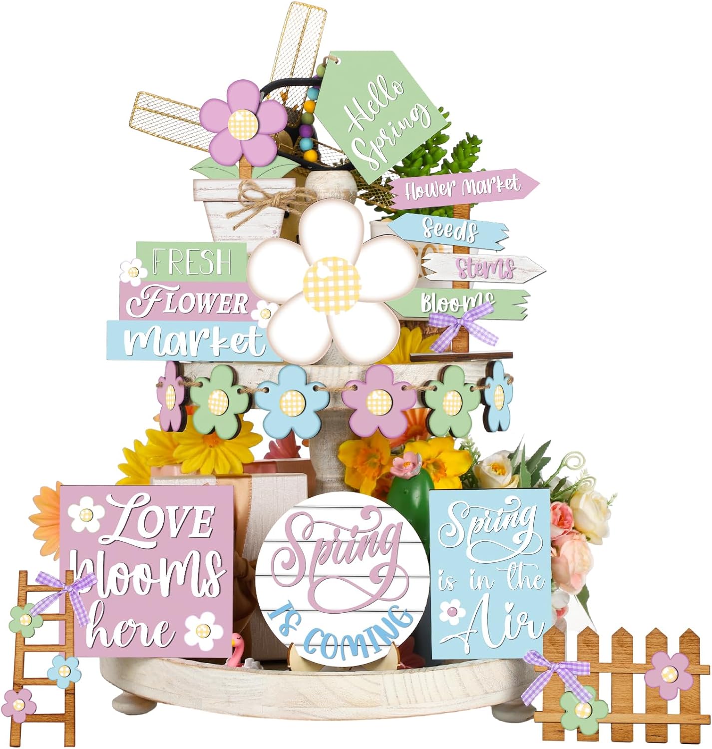 Amazon.com: Marsui 16 Pcs Hello Spring Flower Tiered Tray Decor ...