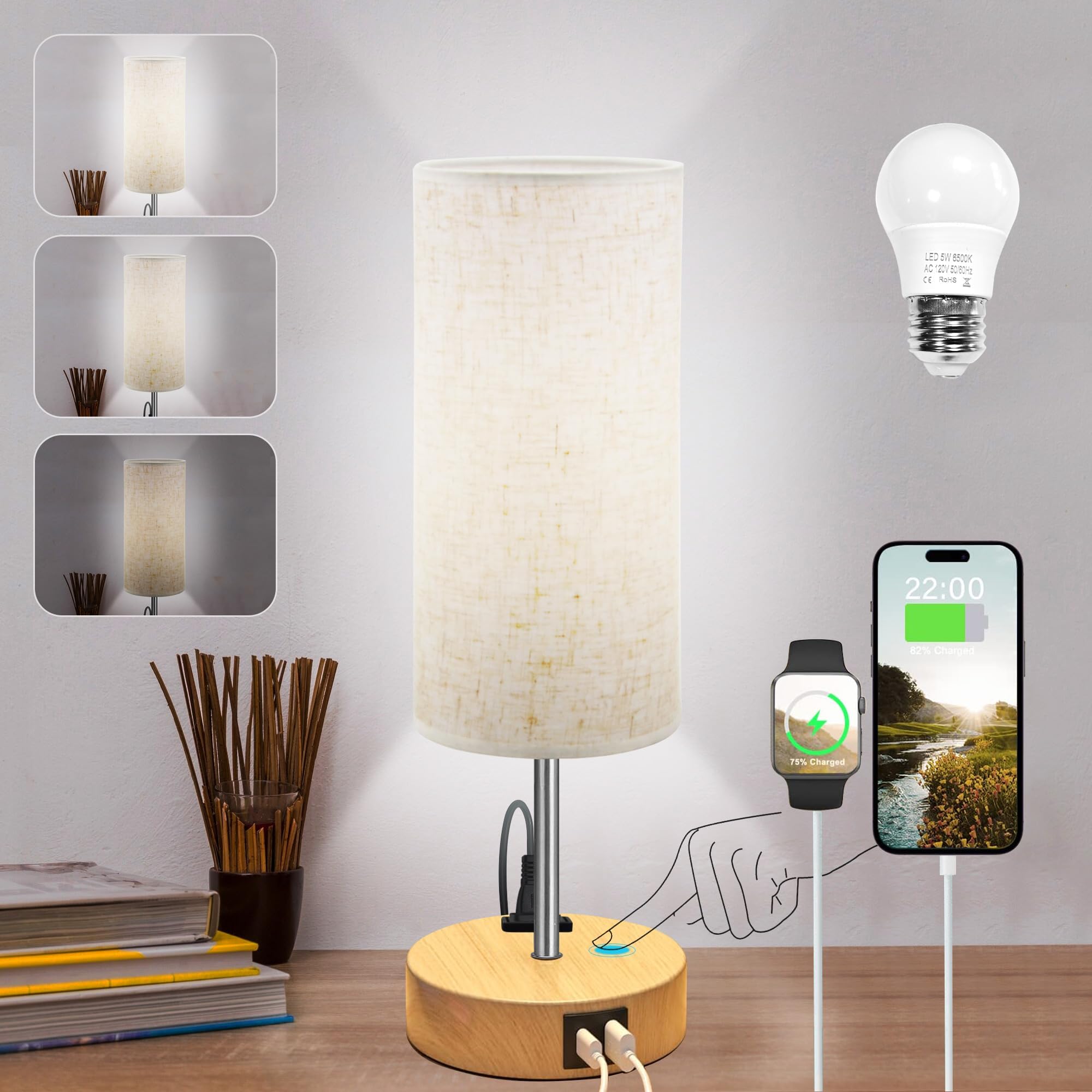 ETANGERVI Touch Control Table Lamp for Bedroom, Bedside Lamp with USB ...