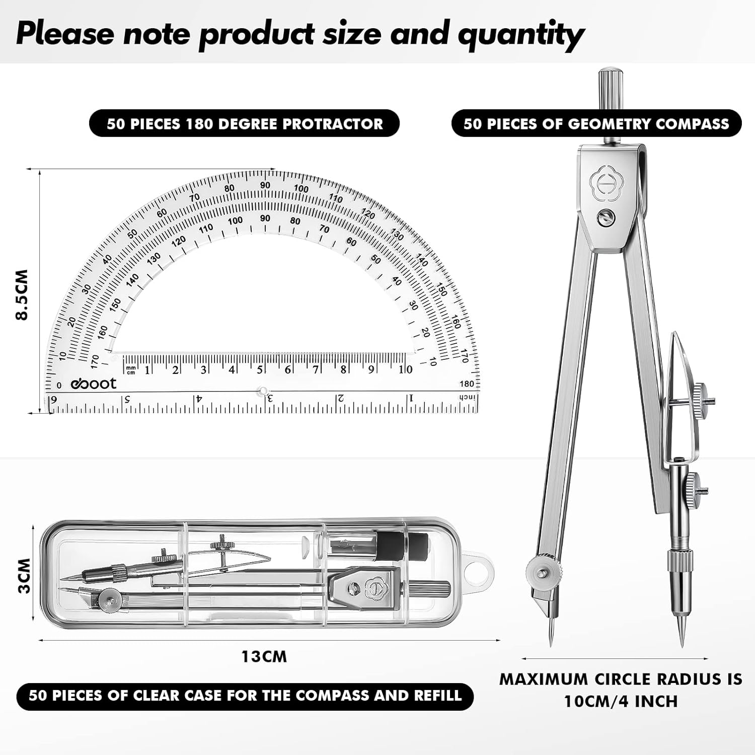 Zonon 100 Pcs Protractor and Compass Set 50 Math Protractor Clear 180 ...