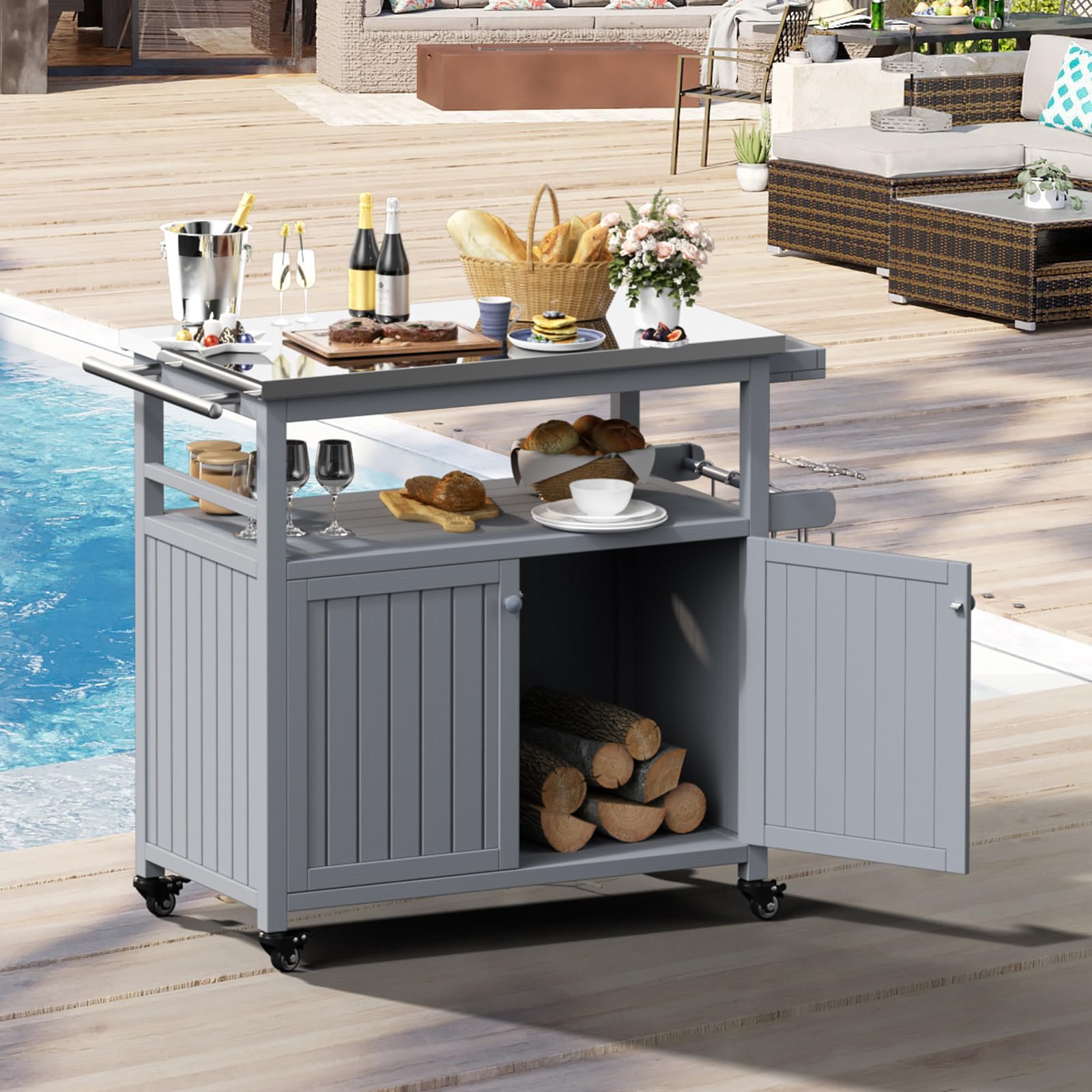 Amazon.com: Large Solid Wood Outdoor Grill Cart Storage Cabinet with ...