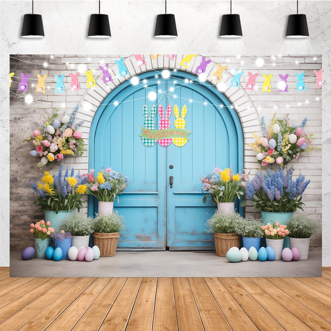 Amazon.com : Aperturee 7x5ft Easter Backdrop Blue Wooden Doors Brick ...