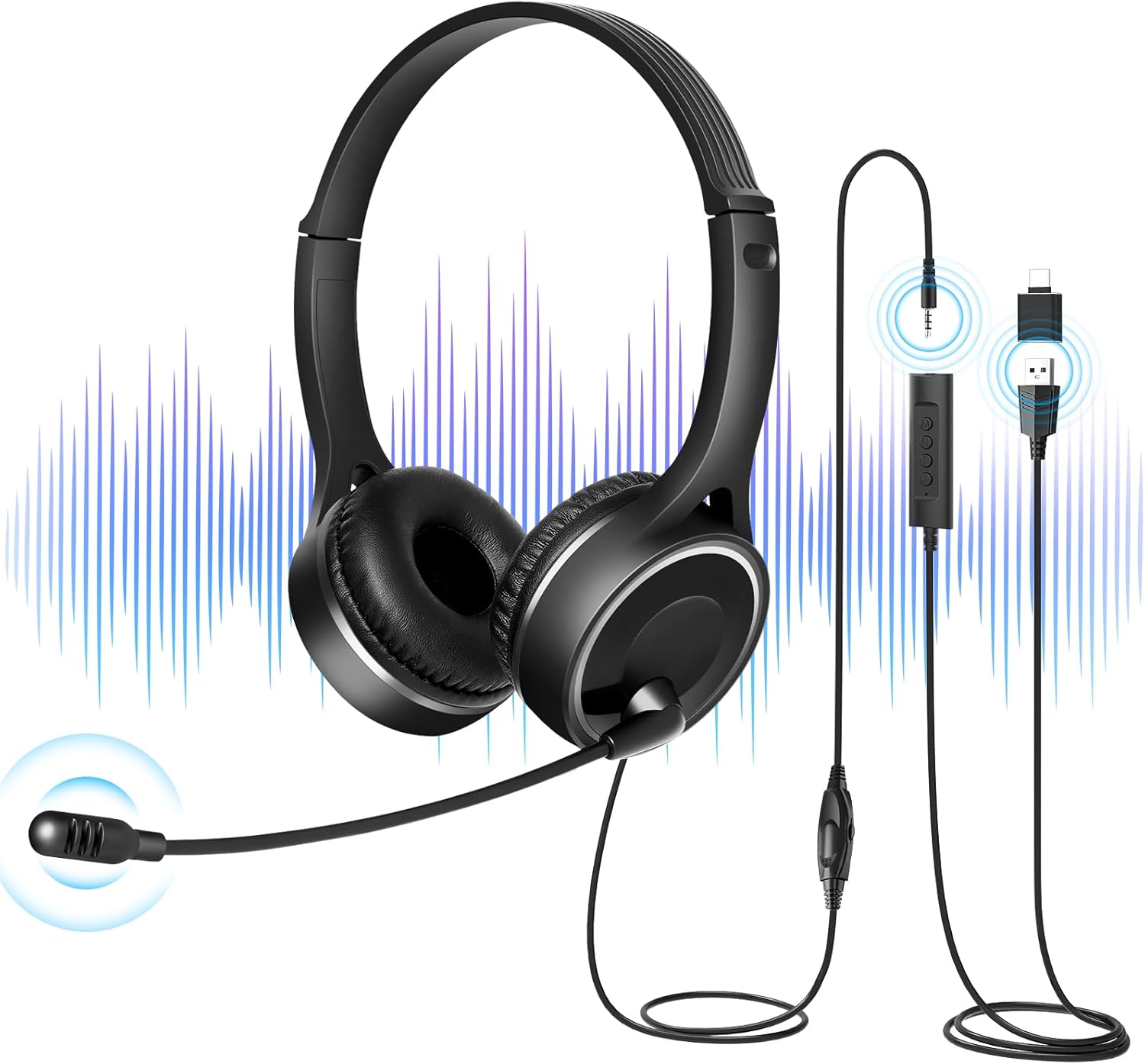 USB Headsets With Microphone for Laptop, USB, 3.5mm Jack, Type-C 3-in-1 ...