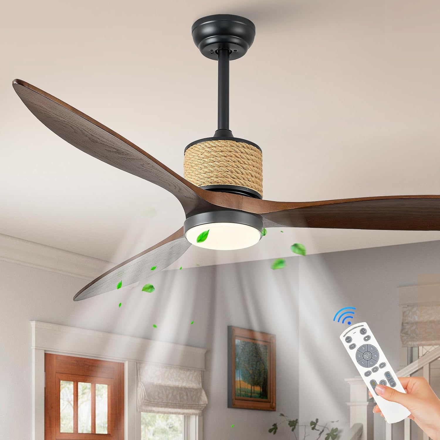 60in Dimmable Black Ceiling Fan Light with Remote Control 3 Blade Hemp ...